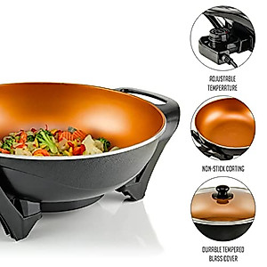 OVENTE Electric Wok with Nonstick Coating, 13 Inch Family-Sized Skillet, 1400W Power, Adjustable Temperature, Tempered Glass Lid, Cool Touch Handles and Easy to Clean Frying Surface, Copper SK3113CO