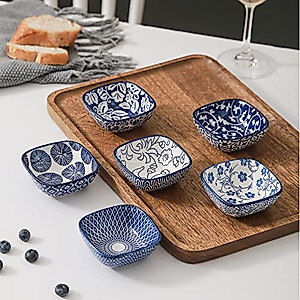 Selamica Ceramic 2.6 OZ Square Dipping Bowl Set, Soy Sauce Dish 3 inch Small Bowls for Ketchup Condiments Side Dish BBQ, Ramekins Oven safe, Stackable, Set of 6, Vintage Blue