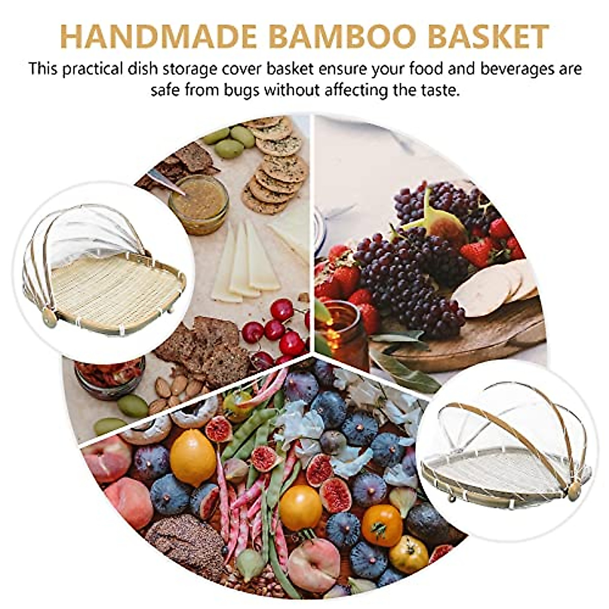 generic Bamboo Food Serving Tent Basket Rattan Woven Mesh Food Storage Basket Food Dome Lids for Picnic Party Bread Fruit Dessert Indoor Outdoor