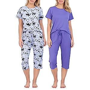 Real Essentials 2 Pack: Womens Short Sleeve Shirt Capri Sweat pants Pajama Sets Pajamas Soft PJ Women Two Piece Matching Pants Top Loungewear Sleep Wear Sexy Summer Bottoms Pijamas Ladies - Set 2, M