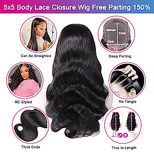 Aaliweya 5x5 HD Lace Closure Wigs Human Hair Body Wave 5x5 Transparent Lace Front Wig for Women 150 density Lace Closure Wig Pre Plucked with Baby Hair Soft and Smooth Natural Black Color 22inch