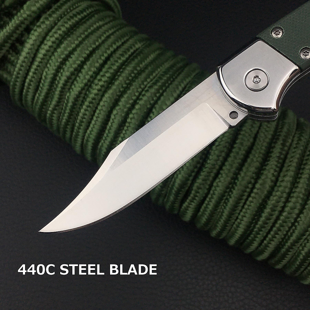 HUAAO 7.3 Inch Camping Folding Knife, Pocket Knife with 440C Steel Blade G10 Handle, Lock Back Knife with Leather Sheath (Green Handle)