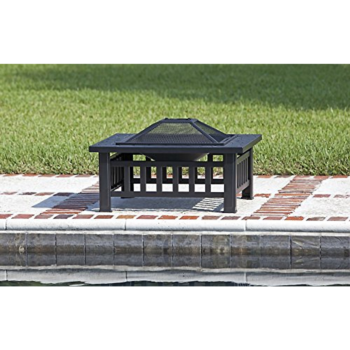 Fire Sense 62249 Fire Pit Stonemont Wood Burning Lightweight Portable Outdoor Firepit Backyard Fireplace for Camping Bonfire Included Screen Lift Tool - Square - Black