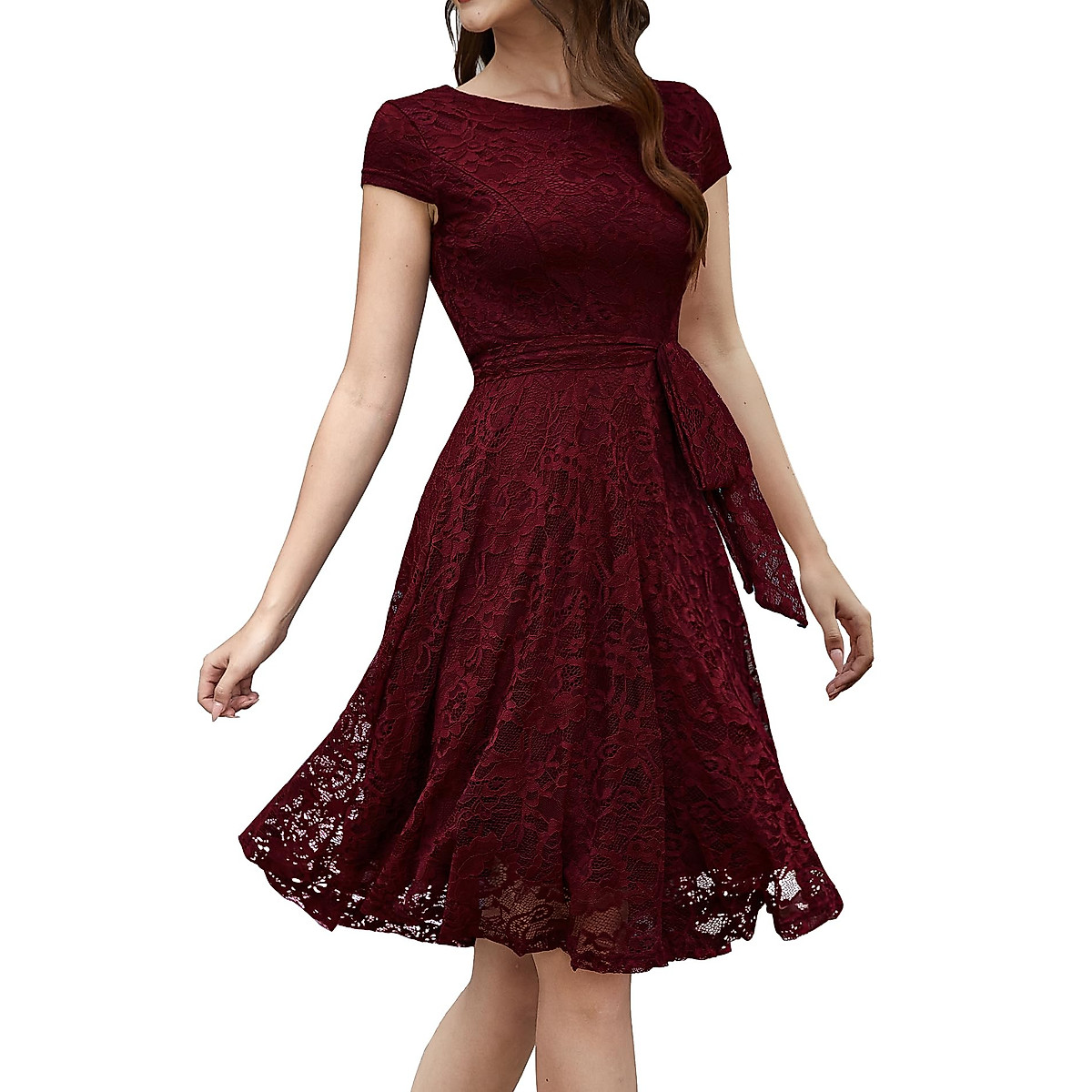 MUADRESS Women Cap-Sleeve Lace Floral Elegant Cocktail Dress Crew Neck Knee Length Bridesmaid Prom Dresses for Party Burgundy XL