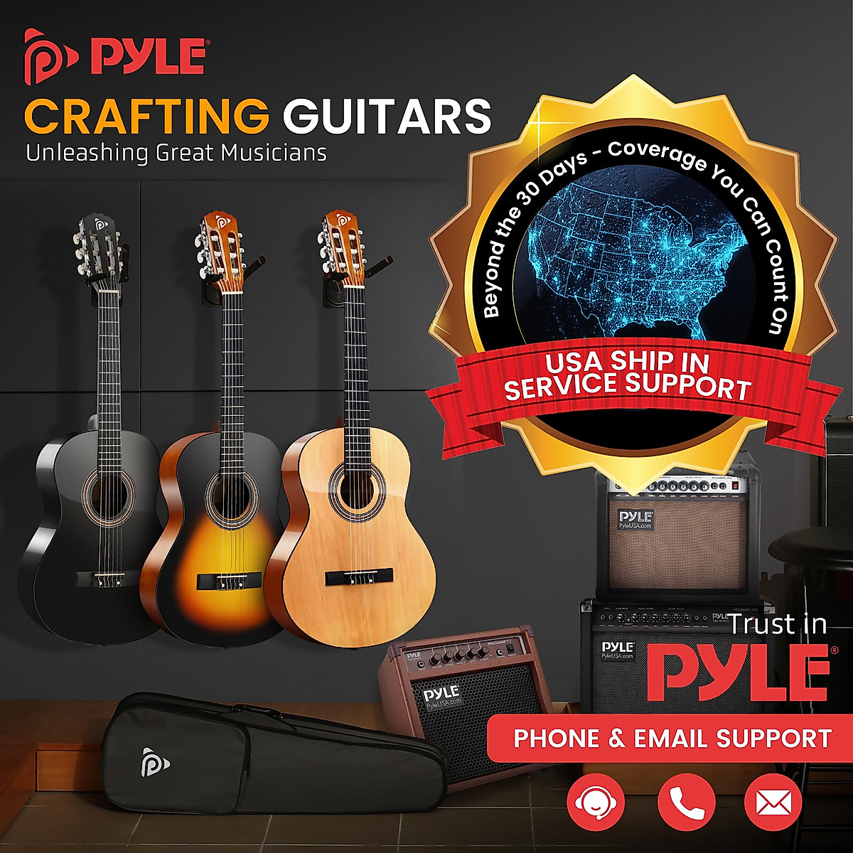 Pyle Beginner Acoustic Guitar Kit, 3/4 Junior Size All Wood Build Nylon String Instrument with Capo, Gig Bag, Strap, Extra String Set, Guitars for Beginners Adults and Youth, 36" Blue Burst Gloss