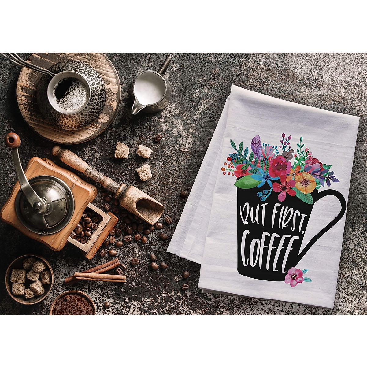 But first, Coffee Flower Filled Cup - Premium Kitchen Towel - Extra large flour sack tea towel, dish towel, cute coffee lover gifts under 20 dollars- Made in the USA