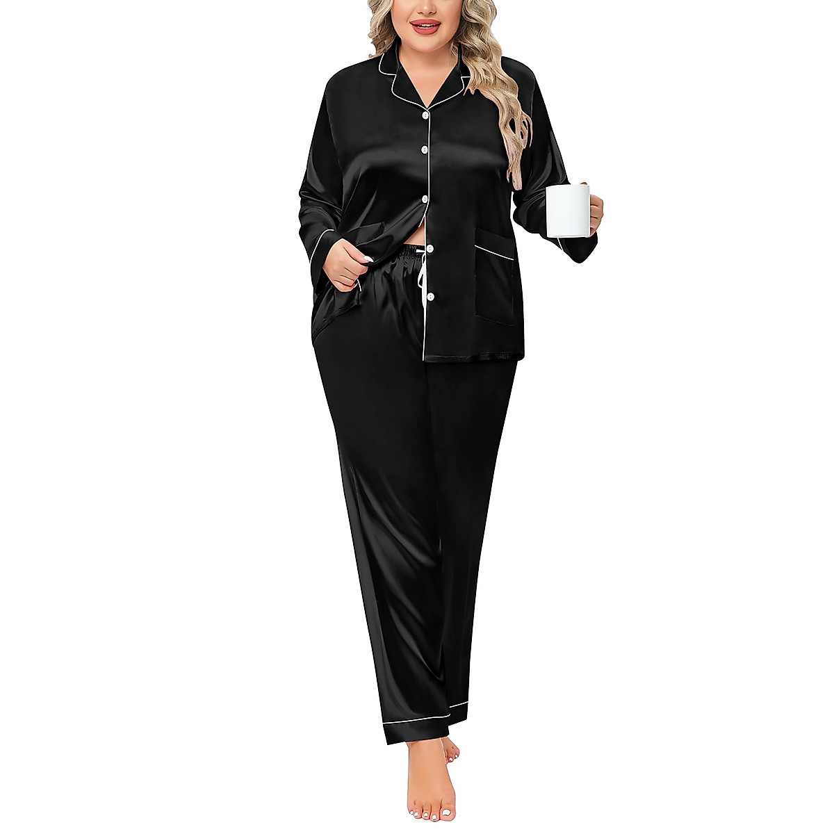 SWOMOG Women Plus Size Long Sleeve Pajamas Silk Satin Pajama Sets Button Down Sleepwear Pjs Loungewear with Pockets Black