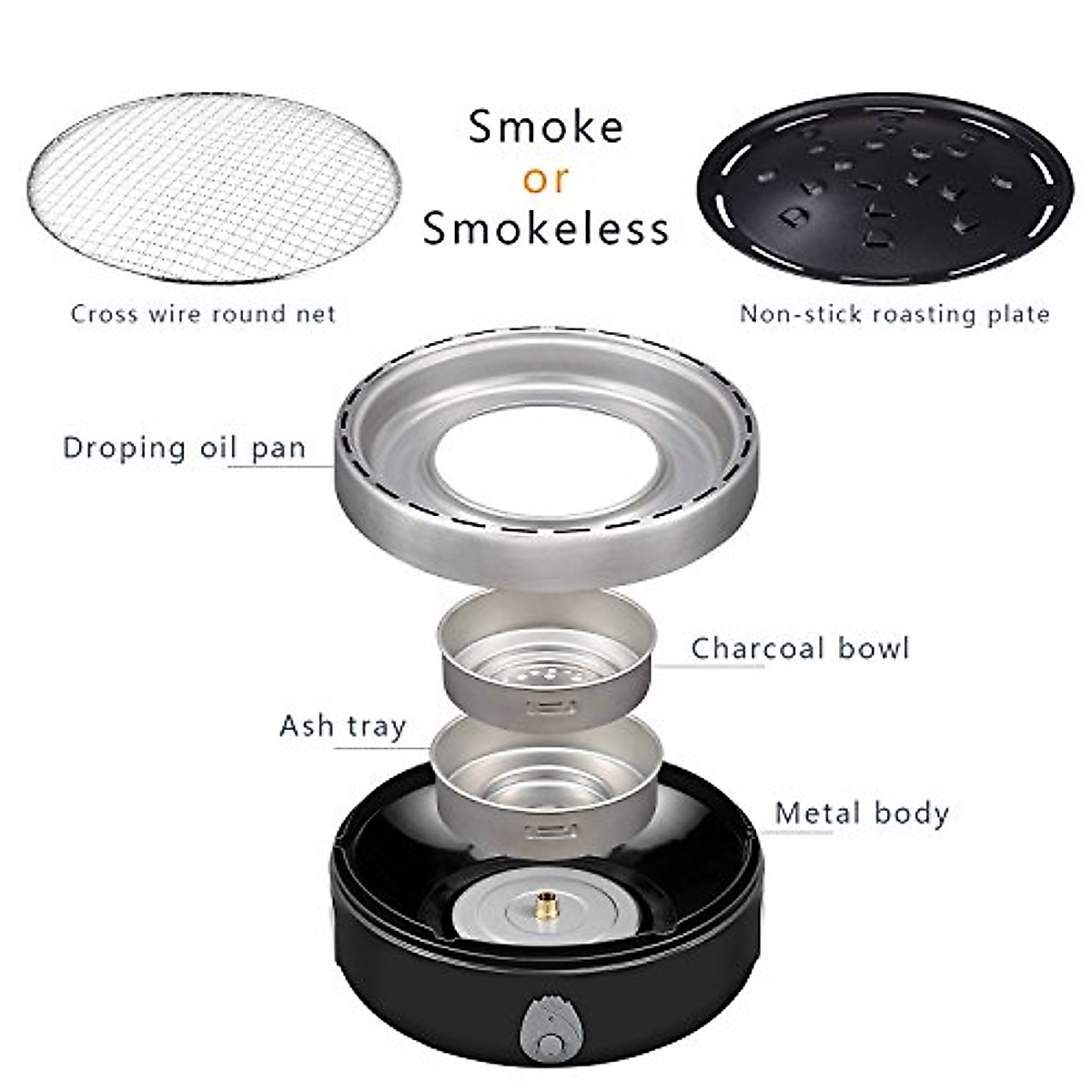 Portable Charcoal Outdoor BBQ Grill For Camping With Travel Bag - Small Tabletop Smoke ＆ Smokeless Pan Optional - Built In Electric Fan Power Supplied By Battery Charger Or Power Bank. (Luxury Black)