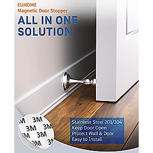 Door Stopper,Magnetic Door Stop,EUHOME 1 Pack Stainless Steel 201 Door Catch Holder,Magnetic Door Stopper,No Drill Doorstop with 3m Self Adhesive Tape,Screws for Wall & Floor Mount,Hold Door Open