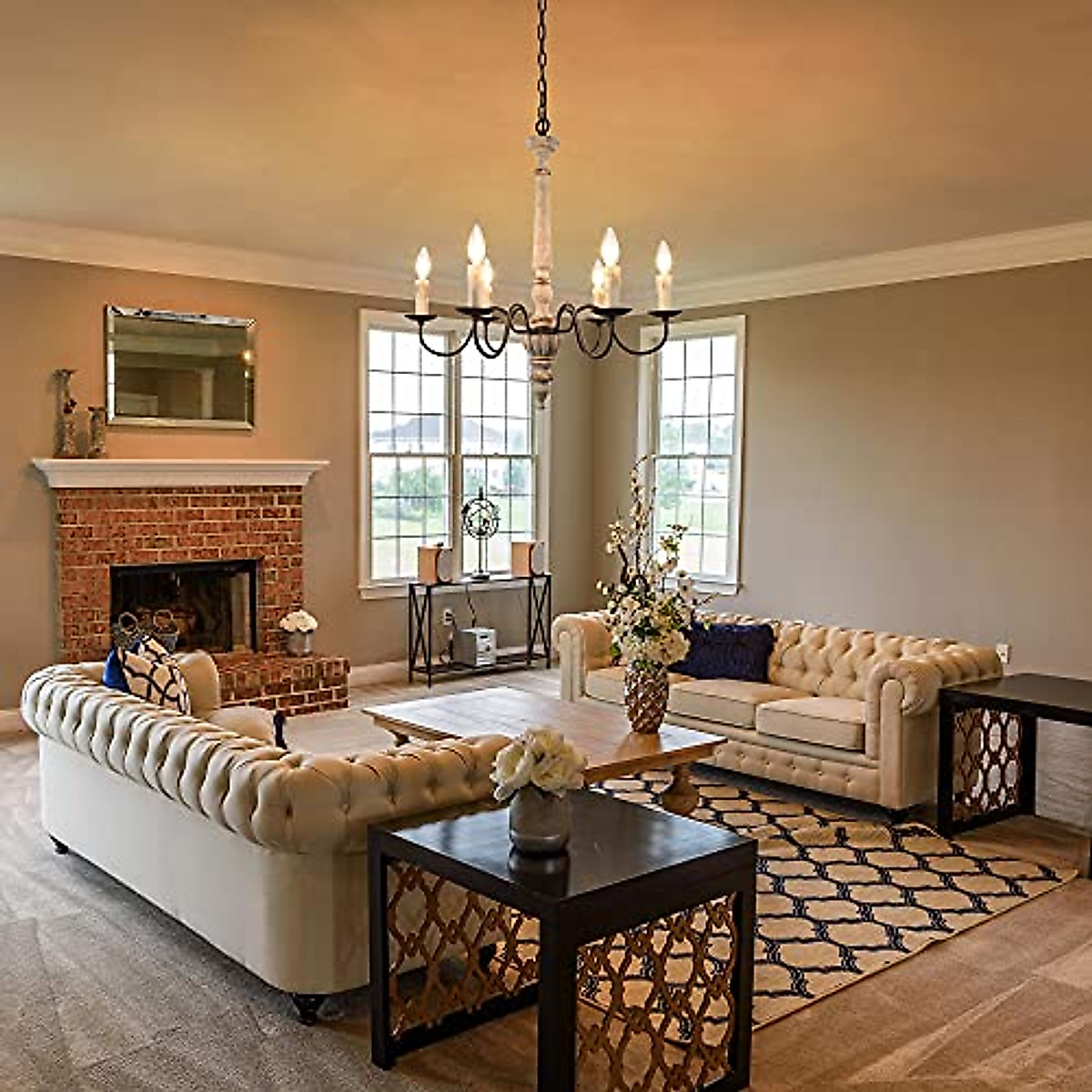 LALUZ French Country Chandelier Farmhouse Handmade Wood 6 Lights for Dining, Bedroom, Living Room, Distressed