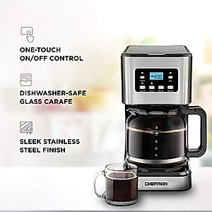 Chefman 12-Cup Programmable Coffee Maker, Electric Brewer, Auto Shut Off, Digital Display w/Auto-Brew Function, Anti-Drip Pot, Reusable Filter for Fresh Grounds, Square Stainless Steel, Glass Carafe