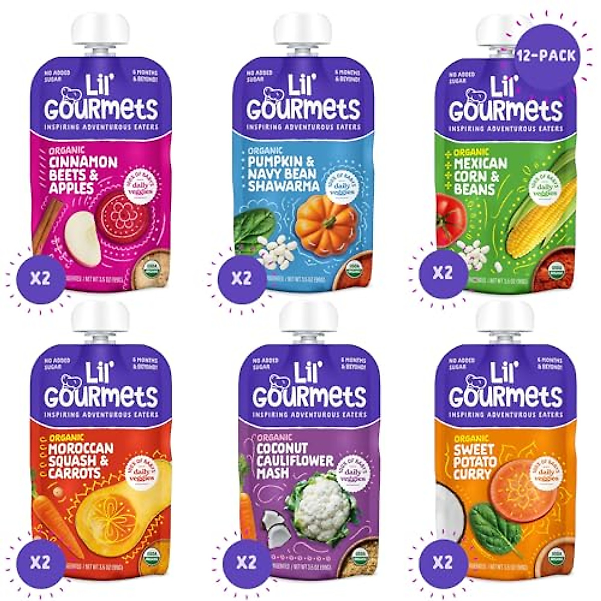 Lil’ Gourmets Organic & Fresh Veggie-Rich Baby Food, Clean Label Project Purity Award Winner, For 6+ Months, 3.5oz Pouch. Ships Chilled to Your Door (Variety Pack of 12)