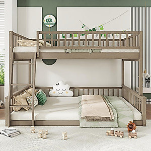 Full XL Over Queen Bunk Bed for Kids/Adults,Queen Size Floor Bunk Beds with Inclined Ladder,Solid Wood Low Bunk Bed,Detachable Bunk Beds for Teens,Girls,Boys(Walnut)