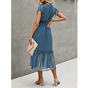 BTFBM Women Summer Bohemian Floral Casual Wrap V Neck Ruffle Cap Sleeveless Belt A-Line Pleated Hem Swing Midi Sun Dress (Swiss Dot Grey Blue, m)