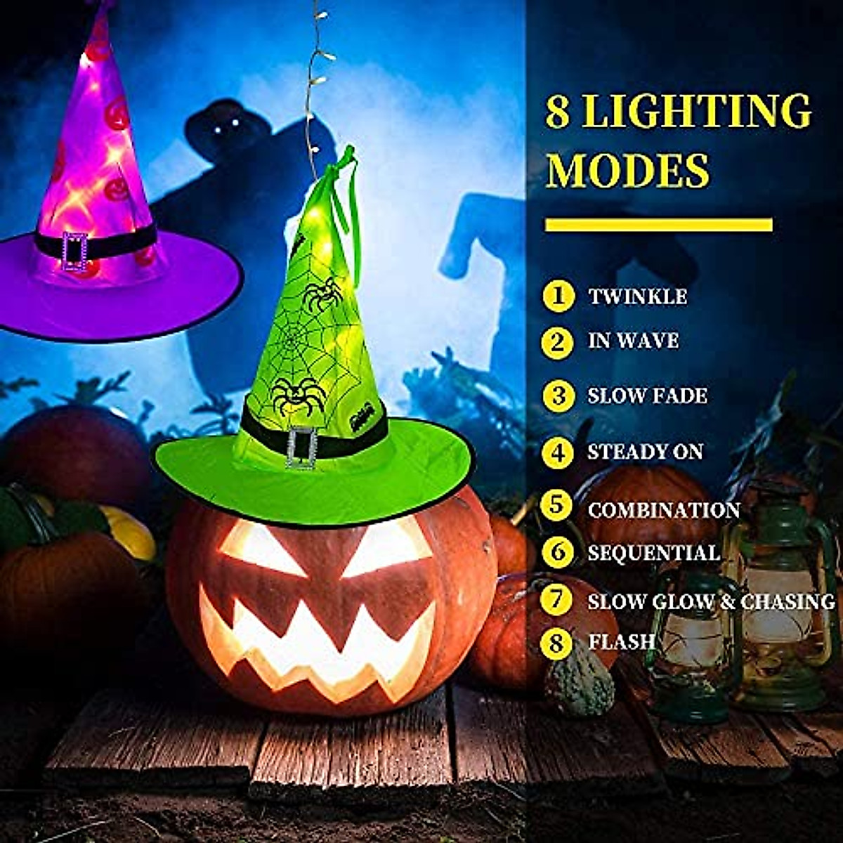 MZD8391 Halloween Decorations Lighted Witch Hats, 8Pcs Hanging Glowing Witch Hats 44ft Halloween Outdoor Lights String with 8 Lighting Modes for Outdoor, Garden, Yard, Tree