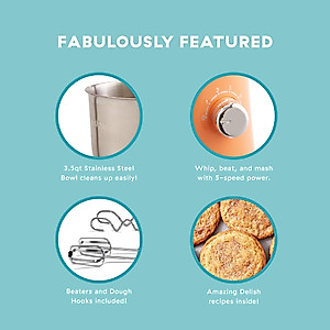 DASH Delish by DASH Compact Stand Mixer, 3.5 Quart with Beaters & Dough Hooks Included - Orange