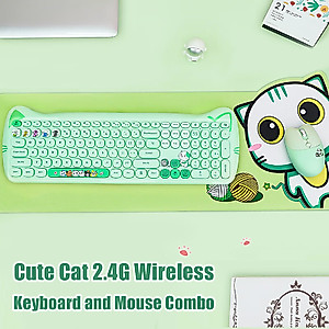 Cute Cat 2.4G USB Wireless Keyboard and Mouse Combo, Silent Keys, Candy Colors, Compatible with Notebook, PC (Pink-84Keys)