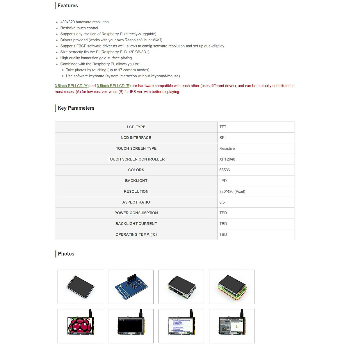 Waveshare 3.5inch Touch Screen, Compatible with Raspberry Pi 5/4B/3B/Zero/Zero W/Zero 2W/Pico/Pico W/Pico WH, TFT LCD, 480x320