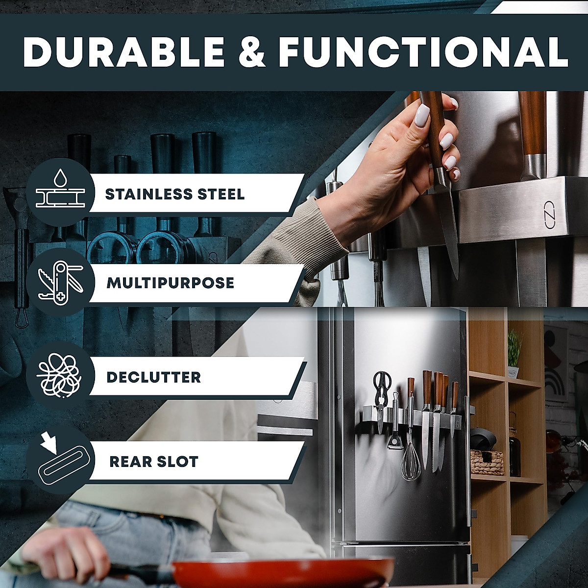 Double Capacity 16" Magnetic Knife Holder for Refrigerator - Safe, Patented Storage Design - Stainless Steel Double Sided Magnetic Kitchen Knife Holder for Fridge - Knife Magnetic Strip, Organizer