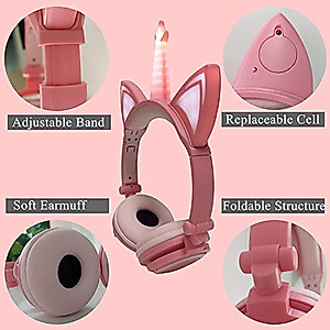 Olyre Cartoon Cute Headphones Wired 3.5mm Jack Light Up Flashing LED Unicorn Headphones Folding Adjustable On Ear Earphones for Women Girls Boys Children Kids Toddler School Birthday