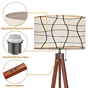 Wood Tripod Floor Lamp Abstract Seamless Black Curved Lines a White Image Modern Standing Lamp Linen Lampshade Dimmable Tall Lamp Mid Century Floor Lamp for Living Room Bedroom