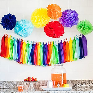 35Pcs Rainbow Tassel Garland Tissue Paper Tassel Banner Decoration for Wedding, Baby Shower,Birthday, Group Activities and Games