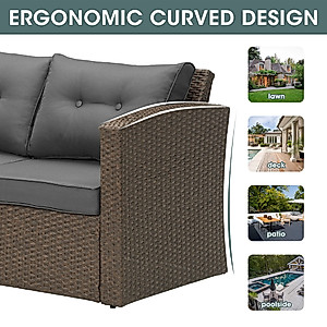 Outdoor Loveseat Patio Furniture Corner Sofa, All-Weather Brown Wicker 2-Piece Rattan Outdoor Sectional Couch Sofa Set with Dark Grey Non-Slip Cushions,Aluminum Frame