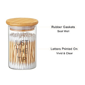 INIUNIK Glass Qtip Holder Dispenser, 2 Pack Glass Apothecary Jars with Lids, Sealed Q Tip Holder Cotton Ball Round Pad Swab Holder Funny Bathroom Canisters Jars for Vanity Restroom Décor and Storage