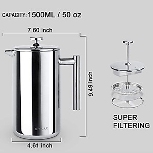 Secura French Press Coffee Maker, 304 Grade Stainless Steel Insulated Coffee Press with 2 Extra Screens, 50oz (1.5 Litre), Silver