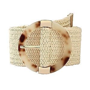 eYLun Women Straw Woven Belt Elastic Braided Stretch Waist Belt Ladies Boho Buckle Dress Buckle Belt Beige