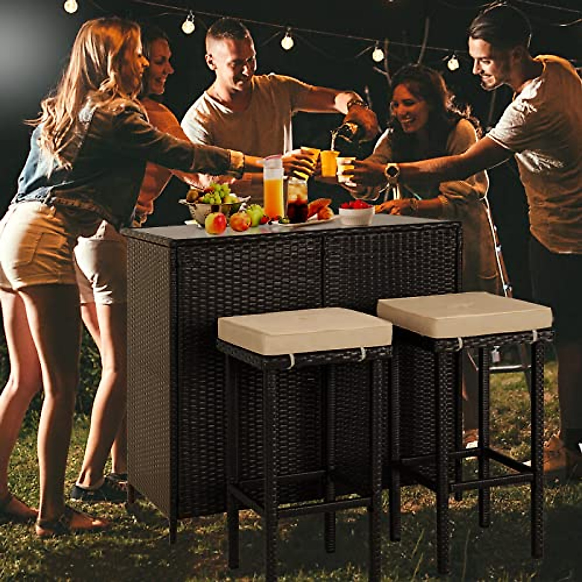 Cemeon Outdoor Bar 3-Piece Patio Bar Set with Two Stools and Glass Top Bar Table Brown Wicker Patio Furniture with Removable Cushions