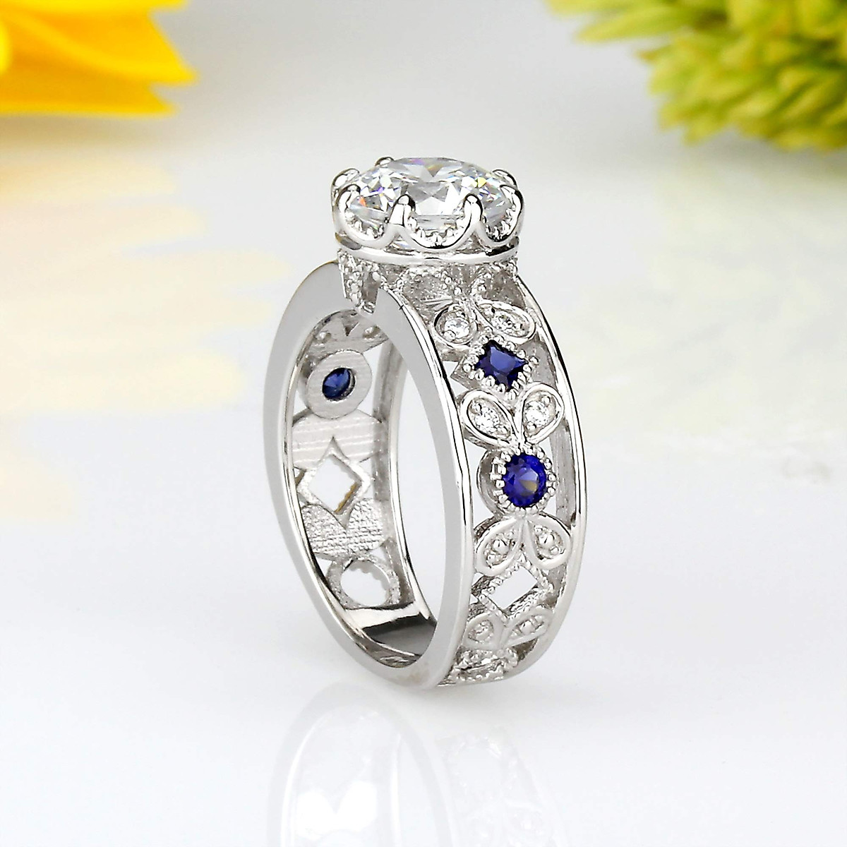 925 Sterling Silver Wedding Ring 2 Carat Octagon Cut CZ Stone Simulated Blue Sapphire CZ Accent Filigree Vintage Engagement Ring (Size 5 to 9)
