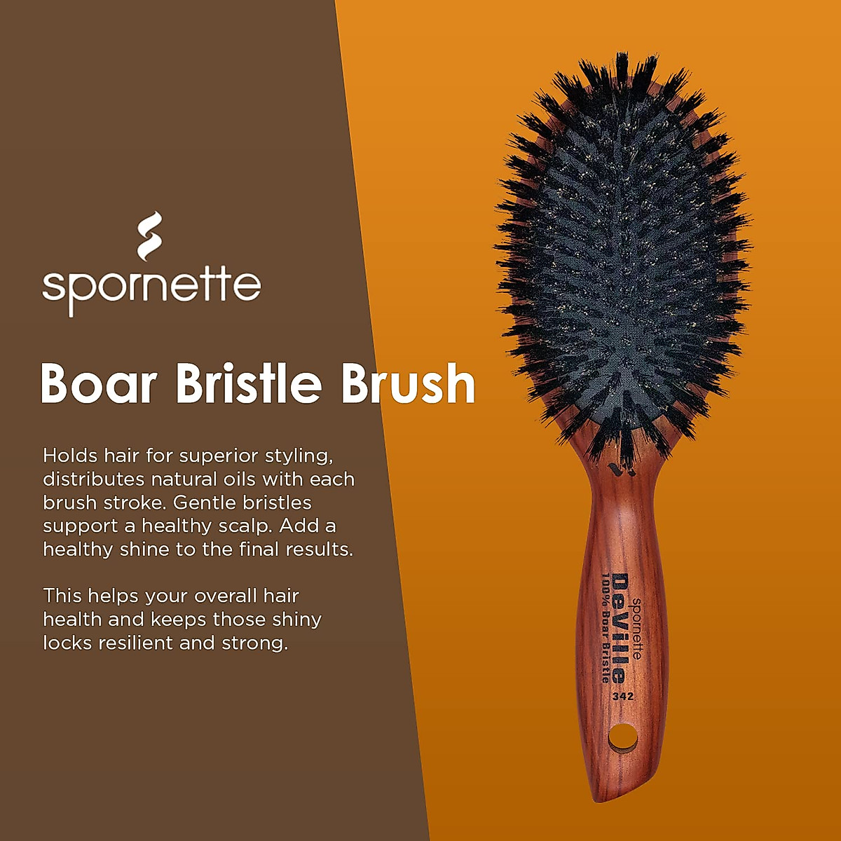 Spornette Deville Boar Bristle Wooden Paddle Hair Brush for Women - Cushion Oval Hair Straightening Brush for Blow Drying, Detangling, Smoothing & Styling