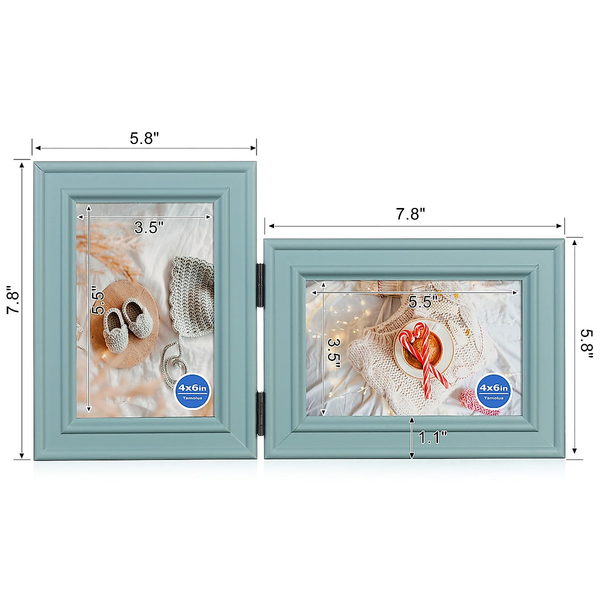 Tamolus 4x6 Double Hinged Picture Frame Folding Photo Frame Vertical and Horizontal in Teal Blue Pine Wood with Real Glass for Tabletop X3-LAN-SH46