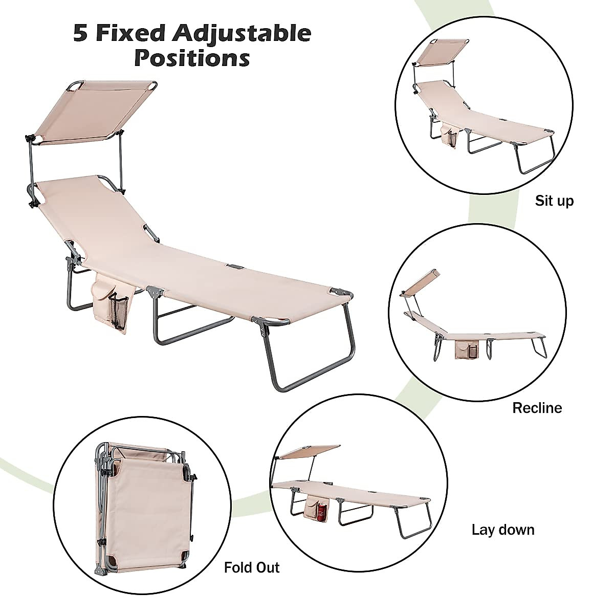 Giantex Tanning Chair, Patio Chaise Lounge Chair with 5 Adjustable Position, Shade Canopy, Storage Pocket, Camping Cot, Outdoor Sunbathing Recliner for Poolside, Lawn Folding Beach Chairs(1, Beige)