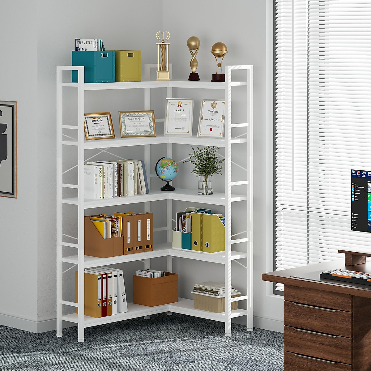 Lazyvan White Corner Bookshelf,5 Tiers Corner Shelf with Open Storage,L Shaped Shelves for Home Office,Living Room,Bedroom