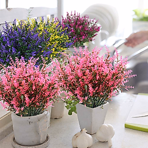 KLEMOO Artificial Lavender Flowers Plants 8 Pieces, Lifelike UV Resistant Fake Shrubs Greenery Bushes Bouquet to Brighten up Your Home Kitchen Garden Indoor Outdoor Decor(Pink)