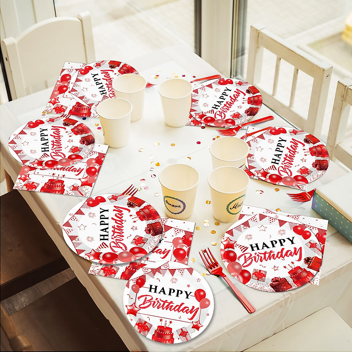 Red White and Gold Birthday Plates Napkins Forks Party Tableware Set Confetti Sprinkles Happy Birthday Party Decorations Red Table Decors for Men Women for 24 Guests