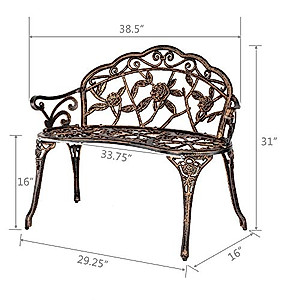 WEI WEI GLOBAL 38.5 Inch Aluminum Outdoor Bench, Garden Couple Seat for Patio, Yard, Park, Lawn, Armrest and Backrest w/Floral Rose, Bronze