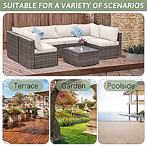 MEINV 7 Piece Patio Furniture Sofas Set, PE Rattan Sectional Couch Conversation Sets, Outdoor Waterproof Sofa Chair Wicker with Coffee Table and Cushion for Homes Porch Deck Gardens (Brown-Apricot)
