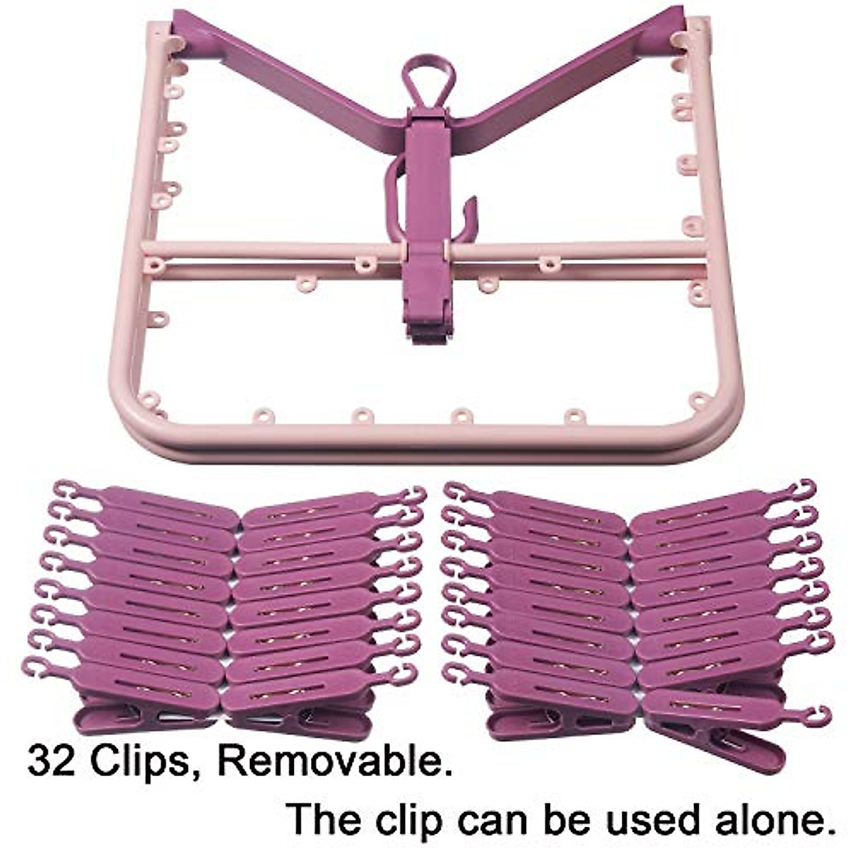 Foldable Clip Hangers with 32 Clothespin Drying Clips Underwear Hanger with Clips Plastic Laundry Clip Drip Drying Hanger for Socks Bras Lingerie Clothes Sturdy (Pink)