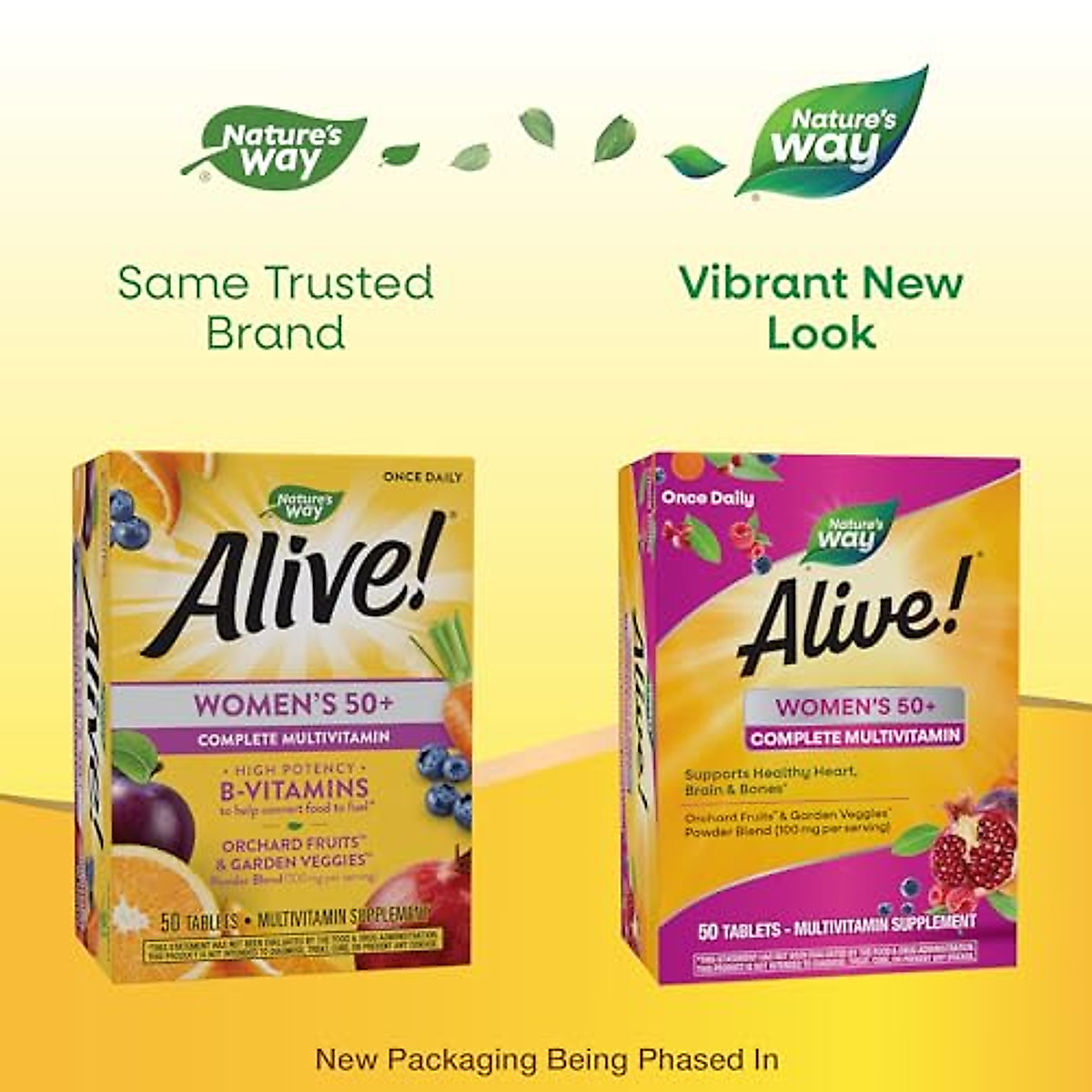 Nature's Way Alive! Women's 50+ Complete Multivitamin, Supports Healthy Heart, Brain, Bones*, B-Vitamins, Gluten-Free, 50 Tablets (Packaging May Vary)