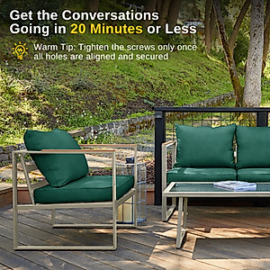 EAST OAK Courtyard Patio Furniture Set, 4-Piece Outdoor Patio Set with Sofa, Removable & Washable Seating Cushion, Tempered Glass Table, Outside Patio Conversation Sets, Champagne Gold & Jungle Green