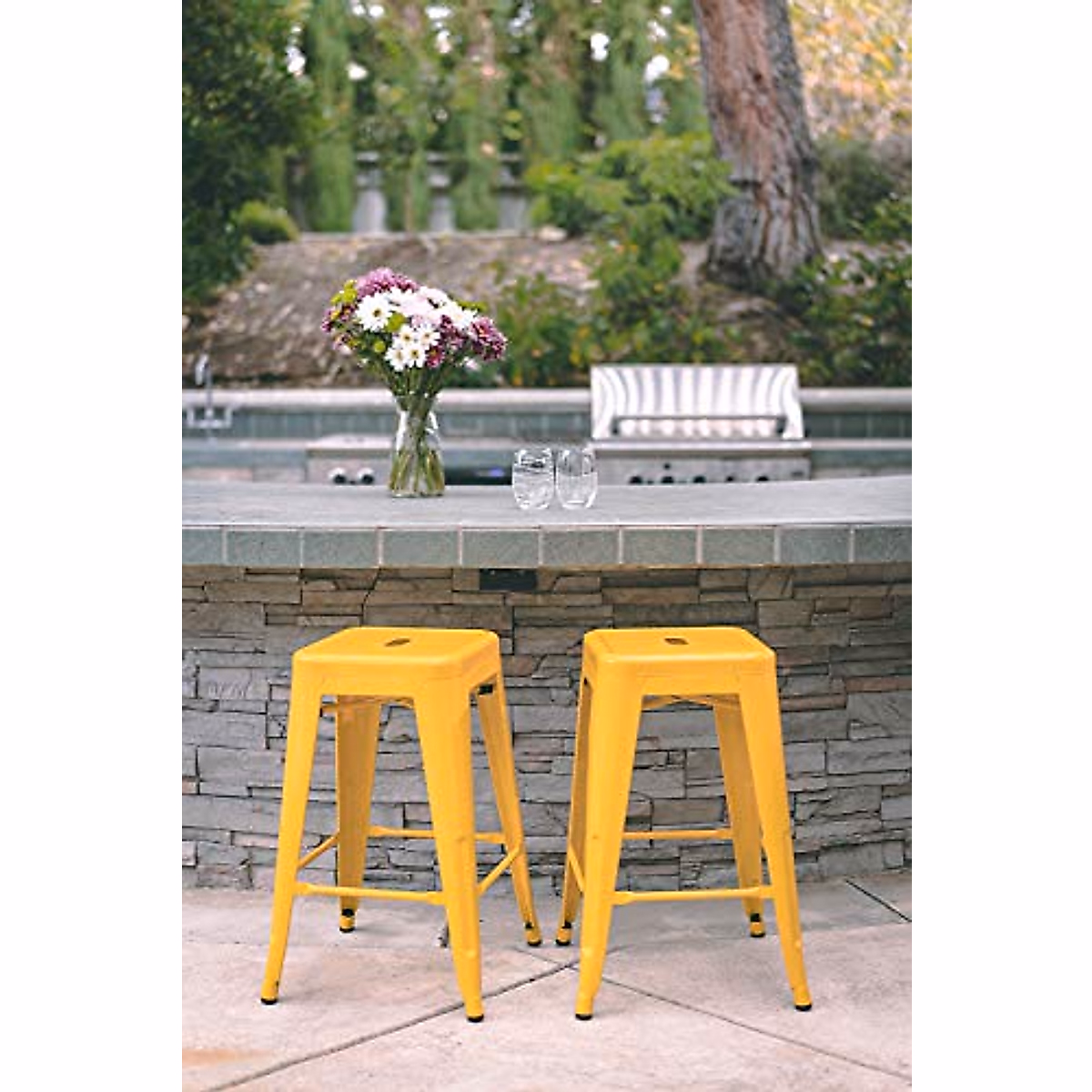 Vogue Furniture Direct 24" High Barstools Backless Yellow Metal Barstool Indoor-Oudoor Counter Height Stool with Square Seat, Set of 4 - VF1571019-4