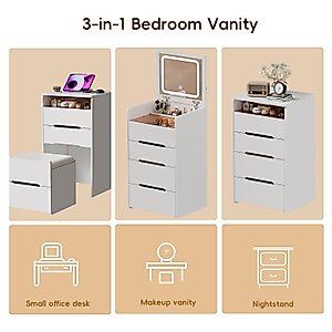 PAKASEPT 3 in 1 Vanity Desk with Plip Top Mirror, Small Make Up Vanity Set with Visible Glass Desktop, Compact with 3 Drawers,Cushioned Tool,Dressing Table for Bedroom