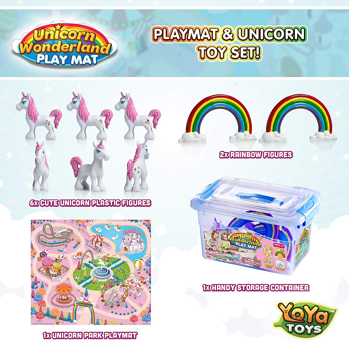 YoYa Toys Unicorn Playmat - Pretend Play Set for Kids - 8 PCS Unicorns and Rainbows Figures - Educational Imaginative Activity Rug Toy - Floor Mat Playset Gift for Girls 3 4 5 6 7 8 Year Old Toddlers