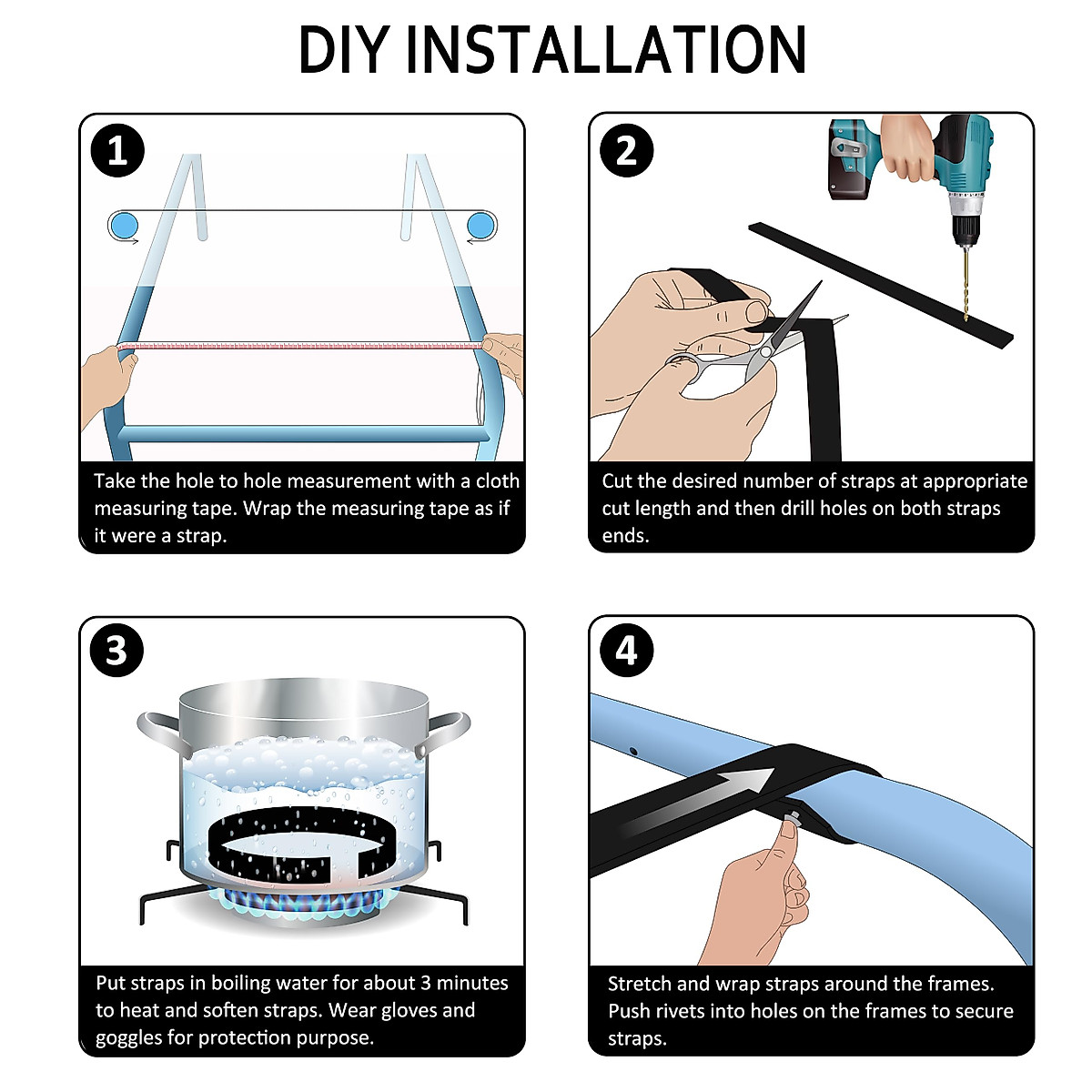 Lumpro Vinyl Straps for Patio Chair Repair Kit 2'' Wide 20 Ft Long Replacement Straps + 40 Free Rivets for Outdoor Lawn Furniture Chaise Lounge Repair (Black)