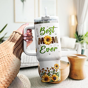 99OWL Cups Straws Coffee Black Water Green Simple Cup Be Tumblers Print Handle Day, Best Mom Ever Gifts, Tumbler 40 Oz With Handle Lid And Straw, Mom Carving Leopard Sunflower