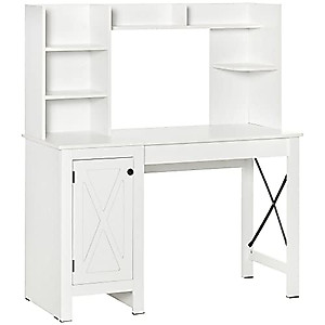 HOMCOM Farmhouse Computer Desk with Hutch and Cabinet, Home Office Desk with Storage, for Study, White