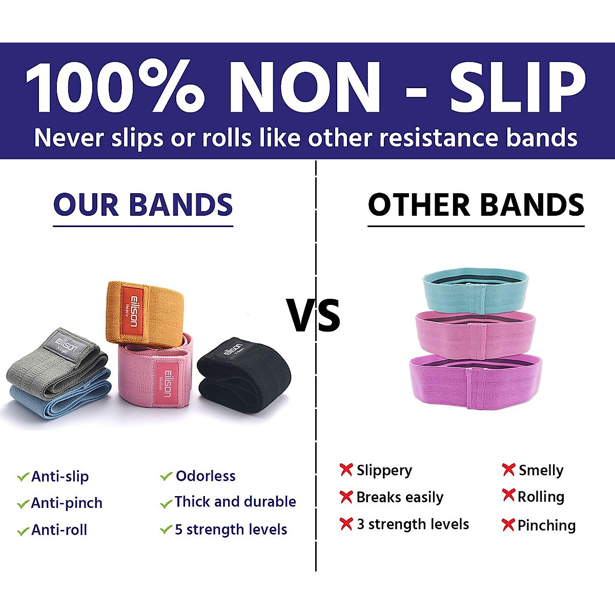 EILISON GLAMFIT Booty Resistance Bands for Women Legs and Butt (Set of 5), Exercise & Fitness Band - Cotton Loops Hip Thigh Glute Bands, Elastic Strength Squat Band (Level 5 - S - M - L- XL - XXL)